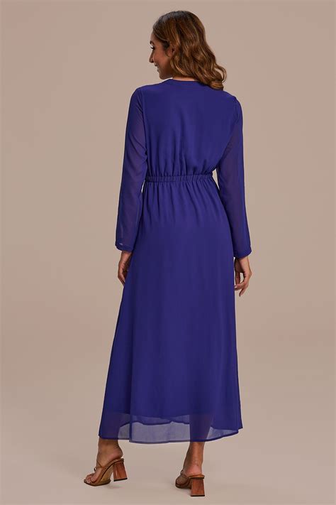 Dark Blue Long Sleeve V Neck Tiered Maxi Dress Petallush
