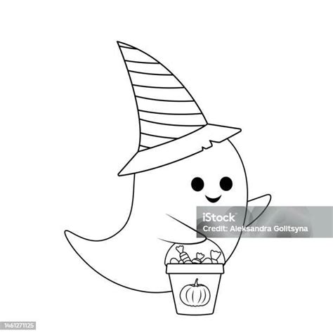 사탕 가방 색칠하기 페이지를 가진 모자에 유령 흑인과 백인 유령 벡터 가방에 대한 스톡 벡터 아트 및 기타 이미지 가방