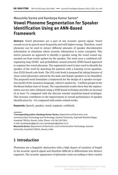Pdf Vowel Phoneme Segmentation For Speaker Identification Using An Ann Based Framework