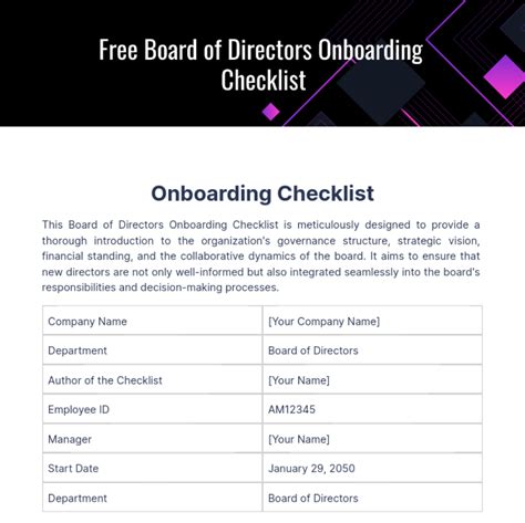 Free Board Of Directors Onboarding Checklist Template To Edit Online