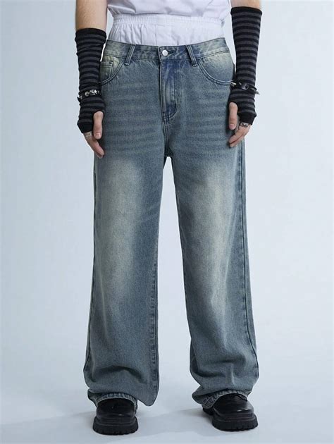 Manfinity Denimwave Calça Denim Masculina Desbotada Vintage Azul Perna