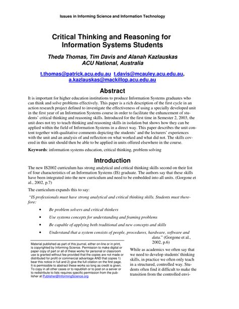 Pdf Critical Thinking And Reasoning For Information Systems Students