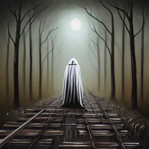 Ominous Bedsheet Ghost Standing On Train Tracks In The Stable
