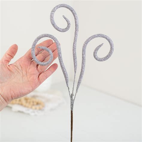 Silver Glittered Curly Spray Picks Sprays Florals Craft