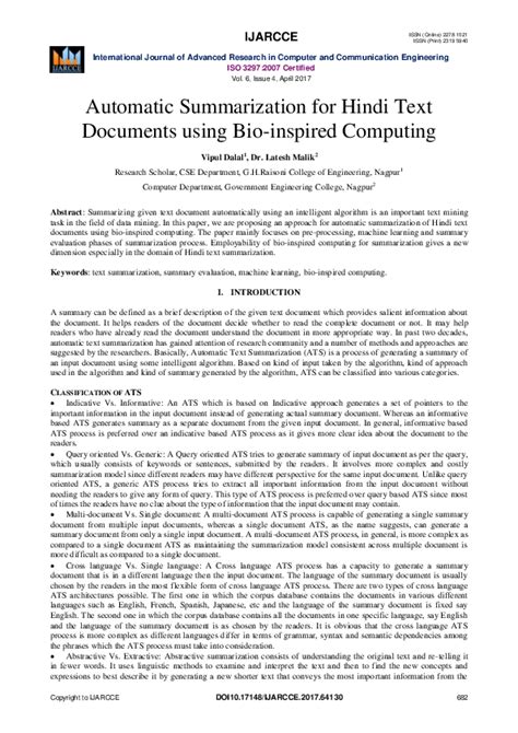 Pdf Automatic Summarization For Hindi Text Documents Using Bio Inspired Computing