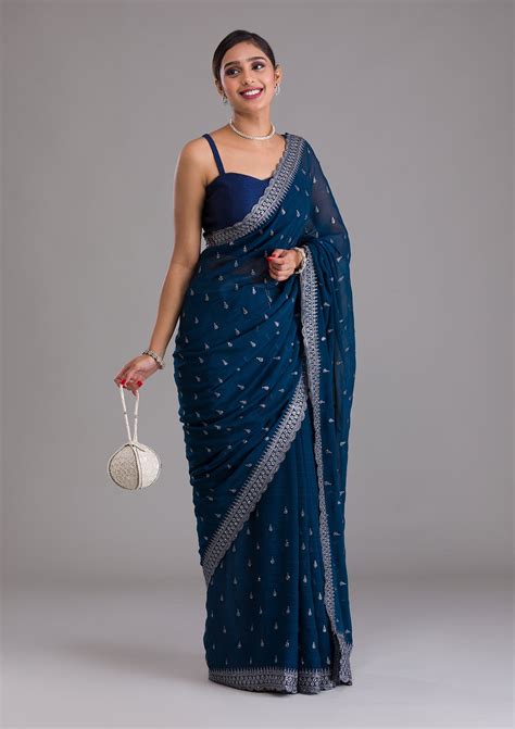 Buy Peacock Blue Stonework Georgette Saree Koskii
