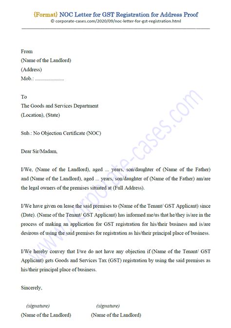 NOC Letter Format For GST Registration For Address Proof