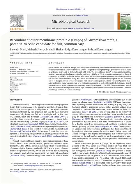 Pdf Recombinant Outer Membrane Protein A Ompa Of Edwardsiella Tarda