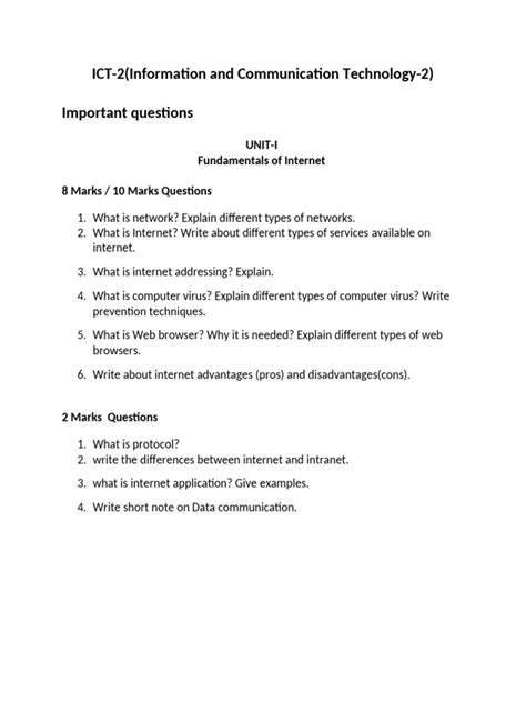 Ict Important Questions Pdf World Wide Web Internet And Web