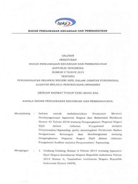 Perka Bpkp Nomor 9 Tahun 2019 Inpassing Auditor Pdf