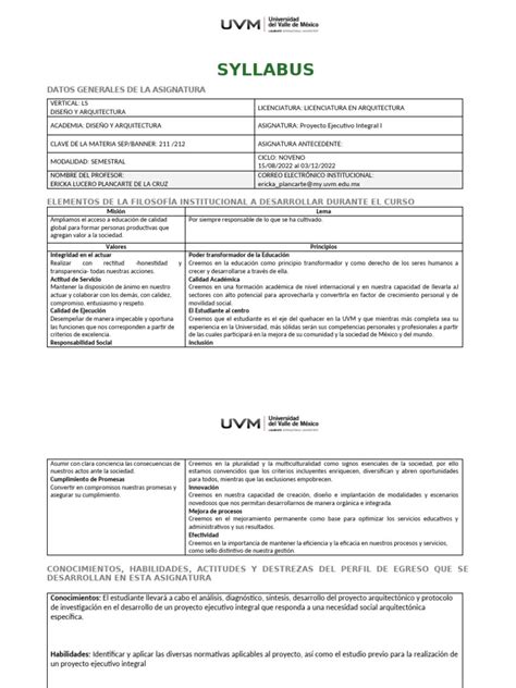 Proyecto Ejecutivo Integral I Syllabus Pdf Evaluación Maestros