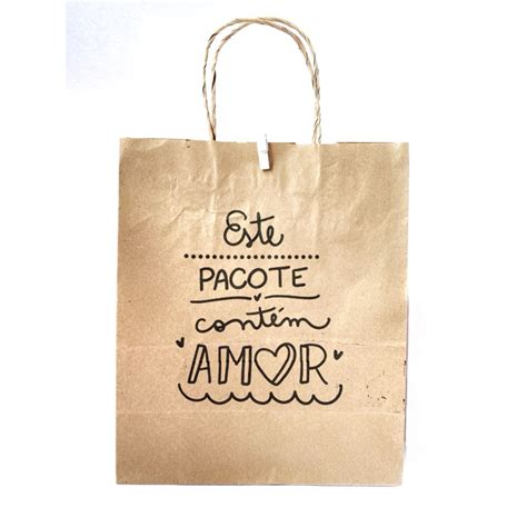 Sacola kraft personalizada a frase Este pacote contém amor kit 20