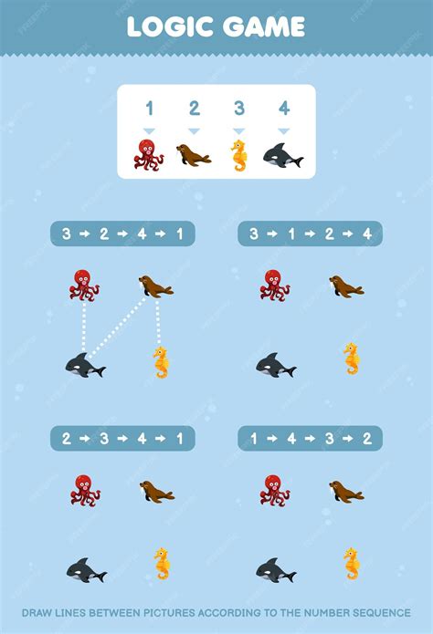 아이들을 위한 교육 게임은 귀여운 만화 문어 바다코끼리 해마 그림 인쇄 가능한 수중 워크시트의 번호 순서에 따라 선을 그립니다