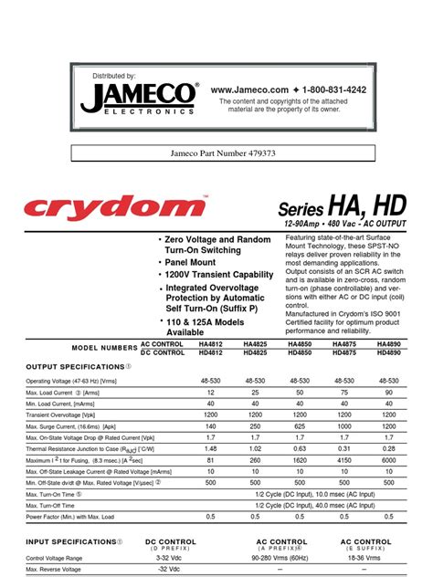 Crydom Hd4850 10 Datasheet Pdf Alternating Current Relay