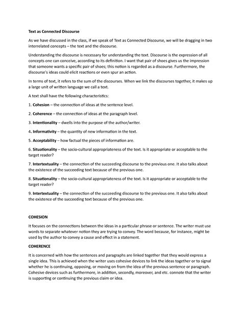 Text As Connected Discourse Understanding The Discourse Is Necessary For Understanding The