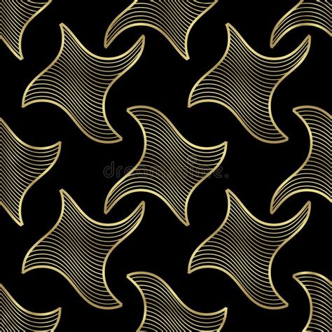 Seamless Pattern Of Abstract Primitive Shapes In Gold Wavy Lines Shine