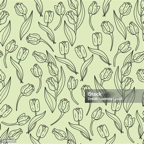 완벽 한 패턴 개요 튤립 봄 꽃 녹색 배경에 벽지 식물 템플릿 선형 손 그림 벡터 일러스트 레이 션 개화기에 대한 스톡 벡터 아트 및 기타 이미지 Istock