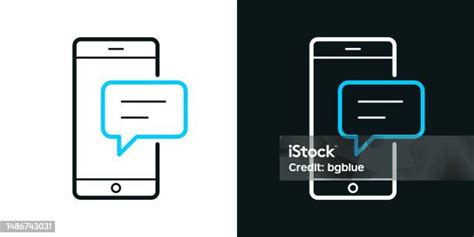 말풍선이 있는 스마트폰 검은색 또는 흰색 배경에 이색 선 아이콘 편집 가능한 획 Brand Name Online Messaging Platform에 대한 스톡 벡터 아트 및