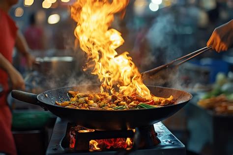 Professional Chef In Action With Flaming Wok Dynamic And Fiery Cooking