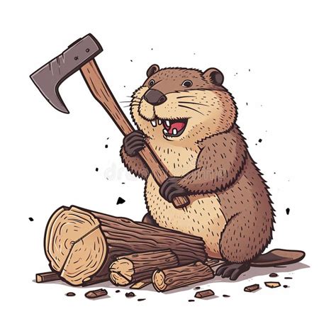 Happy Cartoon Beaver Holding An Axe Over A Pile Of Logs Stock