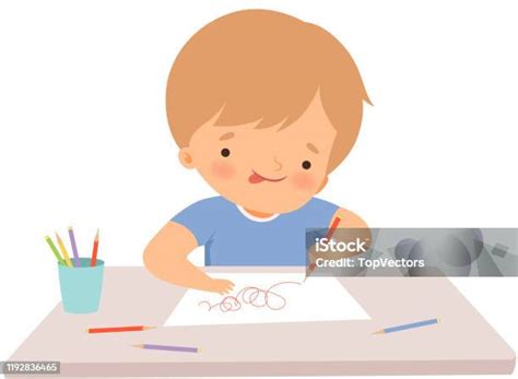 책상에 앉아 연필 귀여운 젊은 예술가 만화 캐릭터 아이 창조적 인 취미 벡터 일러스트와 그림 그리기 소년에 대한 스톡 벡터 아트 및 기타 이미지 Istock