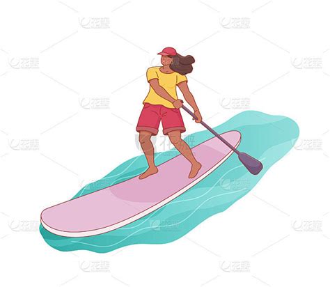 站着的欢快的卡通女人正用桨板在水面上划水。