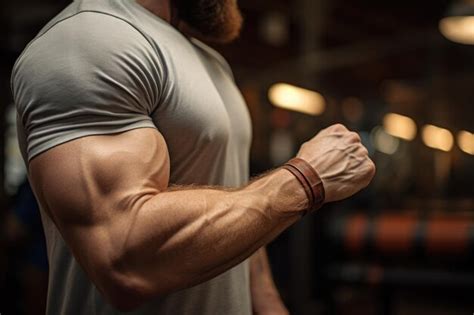 premium photo close up of a mans muscular bicep in a gym setting