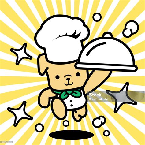요리사의 모자를 쓴 귀여운 개 요리사가 돔형 쟁반을 들고 카메라를 향해 달리고 있습니다 돔형 쟁반에 대한 스톡 벡터 아트 및 기타 이미지 돔형 쟁반 속도 식품 및