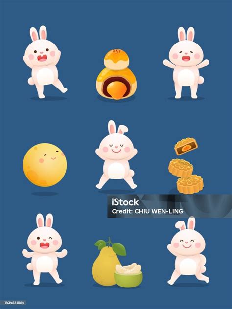아시아 전통 축제 중추절 포멜로와 달이있는 토끼와 달 케이크 세트 귀엽고 장난기 넘치는 마스코트 만화 캐릭터 Mid Autumn