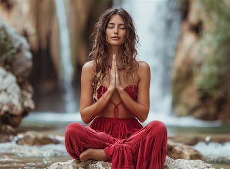 Woman Meditating In Front Of A Waterfall Premium AI Generated Image