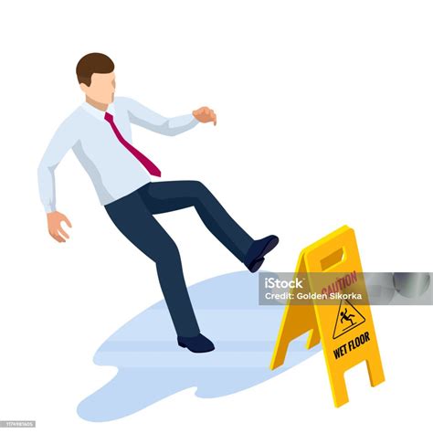 등각 투영주의 흰색 배경에 격리 젖은 바닥 기호 남자는 젖은 바닥에 미끄러졌다 떨어짐에 대한 스톡 벡터 아트 및 기타 이미지 떨어짐 등측투영법 부상 Istock