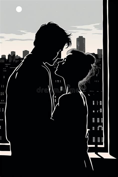 Silhouette Of A Couple Kissing In Front Of A Full Moon Stock
