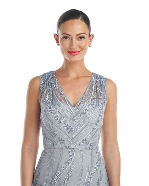Js Collections Rosalynn Embroidered Floral V Neck Column Gown In