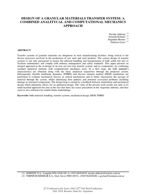 Design Of A Granular Materials Transfer System A Combined Analitycal And Computational