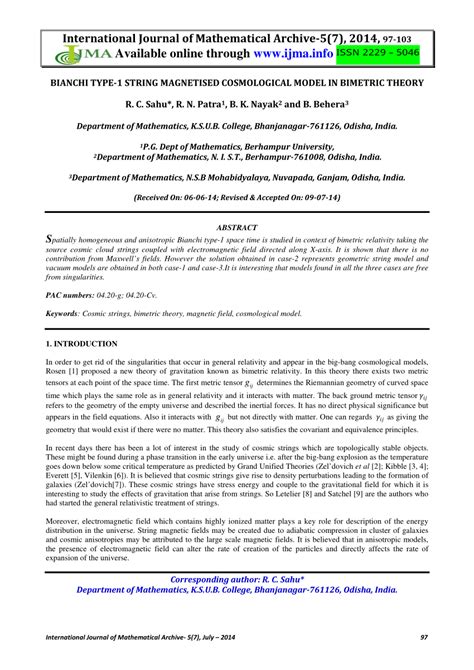 Pdf Bianchi Type 1 String Magnetised Cosmological Model In Bimetric Theory