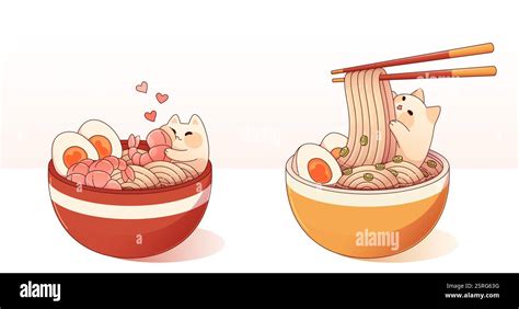 Cute Cats Eating Ramen Noodles Set Isolated On White Contemporary