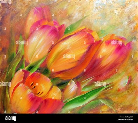 Vintage tulipes rouges peinture à l huile Banque D Images Photo Stock