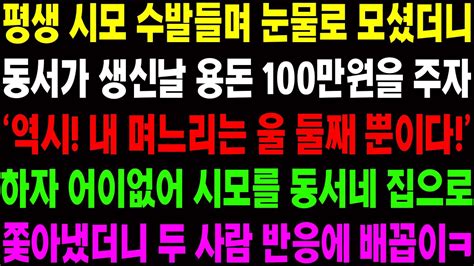실화사연 평생 시모 수발 들며 살았는데 동서가 생신 날 100만 원 줬다는 이유로 날 개무시하자 동서 집으로 쫓아냈더니 초대박 반응이ㅋㅋ 사이다 사연 감동사연