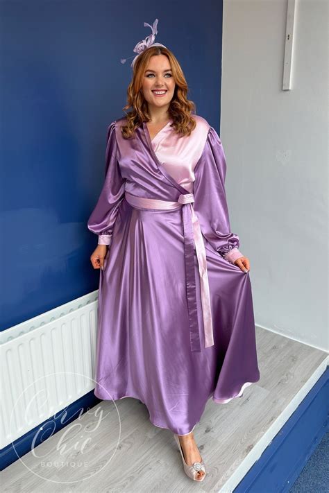 Long Sleeve Plus Size Satin Style Duo Colour Maxi Wrap Dress Curvy