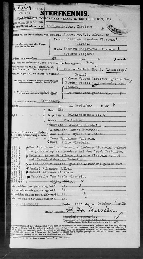 Death Notice Jan Andries Gysbert Kirstein 11 Sept 1939