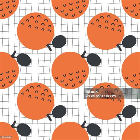 그루비 스타일 오렌지 완벽 한 패턴 그리드 왜곡 된 배경 직물 종이 직물을 위한 히피 미적 인쇄 손으로 그린 기하학적 벡터 그림입니다 감귤류 과일에 대한 스톡 벡터 아트 및