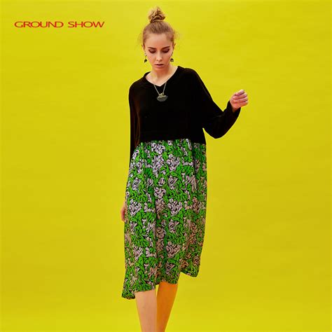 Ground Show阁兰秀春季长袖桑蚕丝内里a字连衣裙中长款裙子虎窝淘