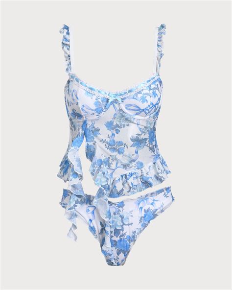 Blue Floral Ruffled Tankini Swimsuit Badesachen Grüne Streifen