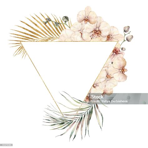 수채화 황금 프레임 싹 코코넛 잎 흰색 배경에 고립 된 손바닥 잎과 손으로 그린 열대 카드 디자인 인쇄 또는 배경에 대한 플로럴 일러스트레이션 0명에 대한 스톡 벡터 아트