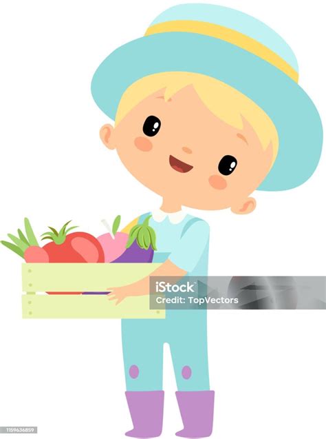 귀여운 소년 바지 고무 장화와 모자 들고 나무 상자 전체 야채 젊은 농부 만화 캐릭터 에 종사 하는 농업 활동 벡터 일러스트 귀여운에 대한 스톡 벡터 아트 및 기타 이미지