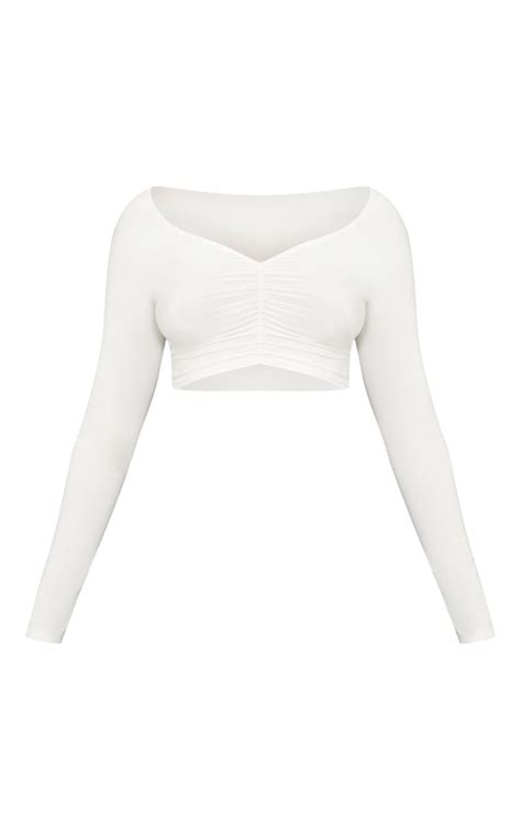 Cream Slinky Ruched Front Long Sleeve Crop Top Tops