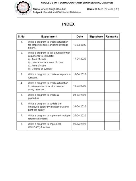 Index Sno Experiment Date Signature Remarks Pdf Subroutine Area