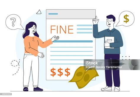 벌금을 가진 사람들 남자와 여자가 문서와 지폐 근처에 있습니다 교통 규칙 위반에 대한 처벌 및 처벌 수수료 청구서 및 세금이 있는 사업가 선형 벡터 그림 경제에 대한 스톡