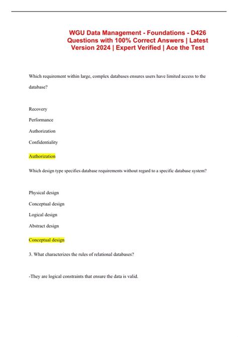 wgu data management foundations d426 questions with 100 correct answers latest version