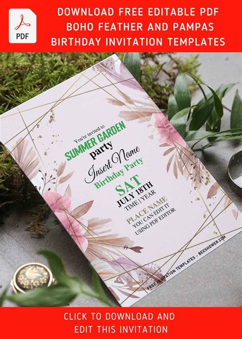 Free Editable Pdf Bohemian Chic Feather And Pampas Grass Invitation